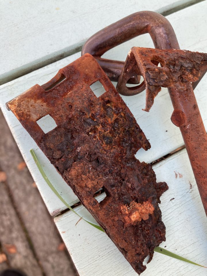 Towelling with rusting dis-used objects from home – Wendy Lawson